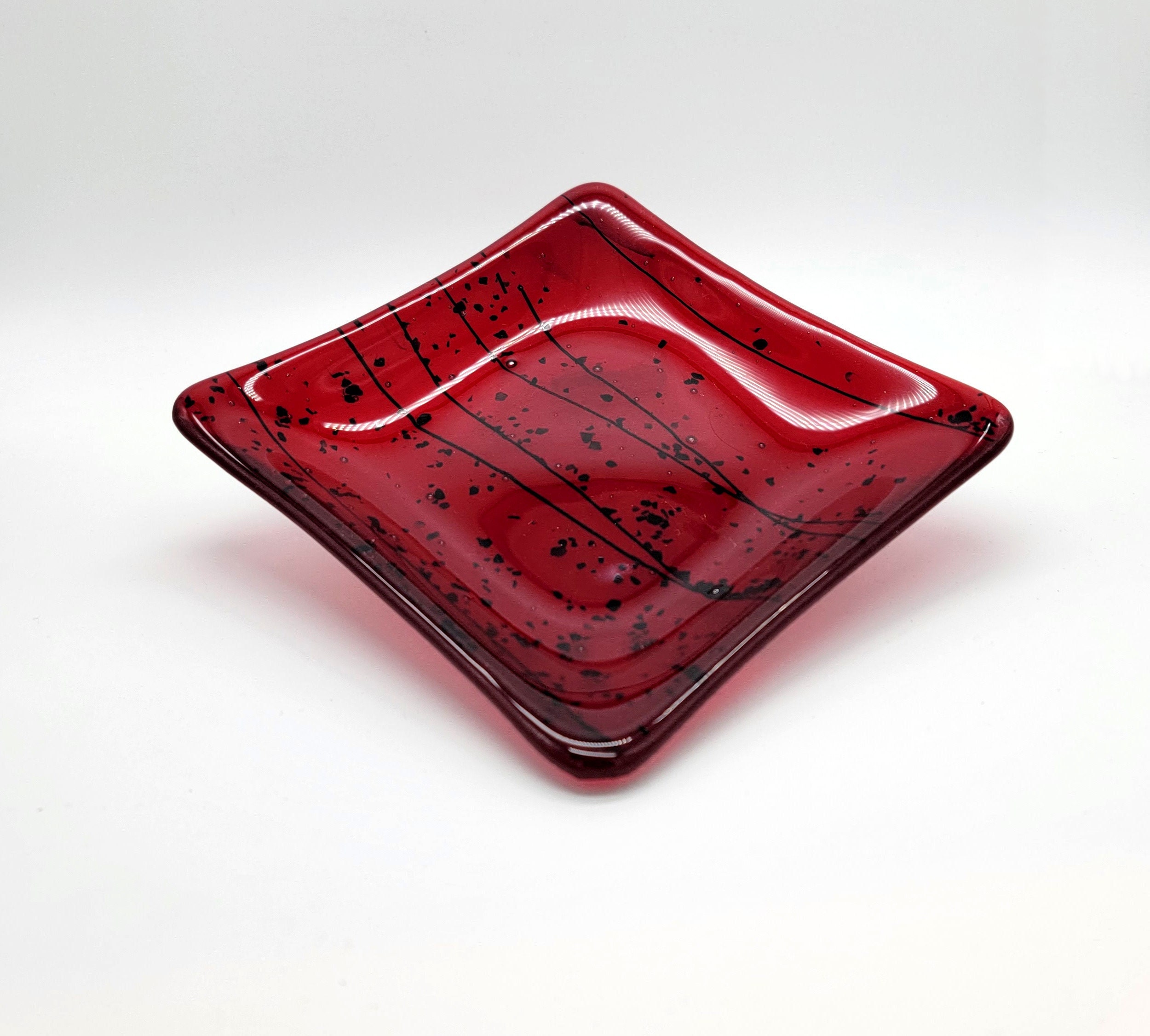 6 Inch Flat Bottomed Red Bowl With Black Accents Fused Glass Snack Bowl ...