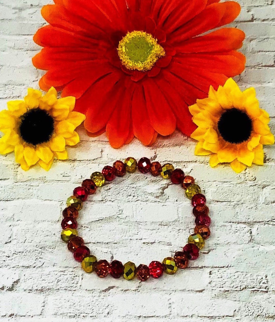Metallic Red Orange and Yellow Rondelle Beaded Stretch Bracelet ...