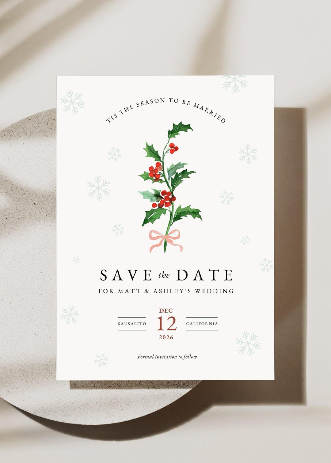 Elegant Christmas Save the Date, Rustic Holiday Wedding Invitation, Red ...