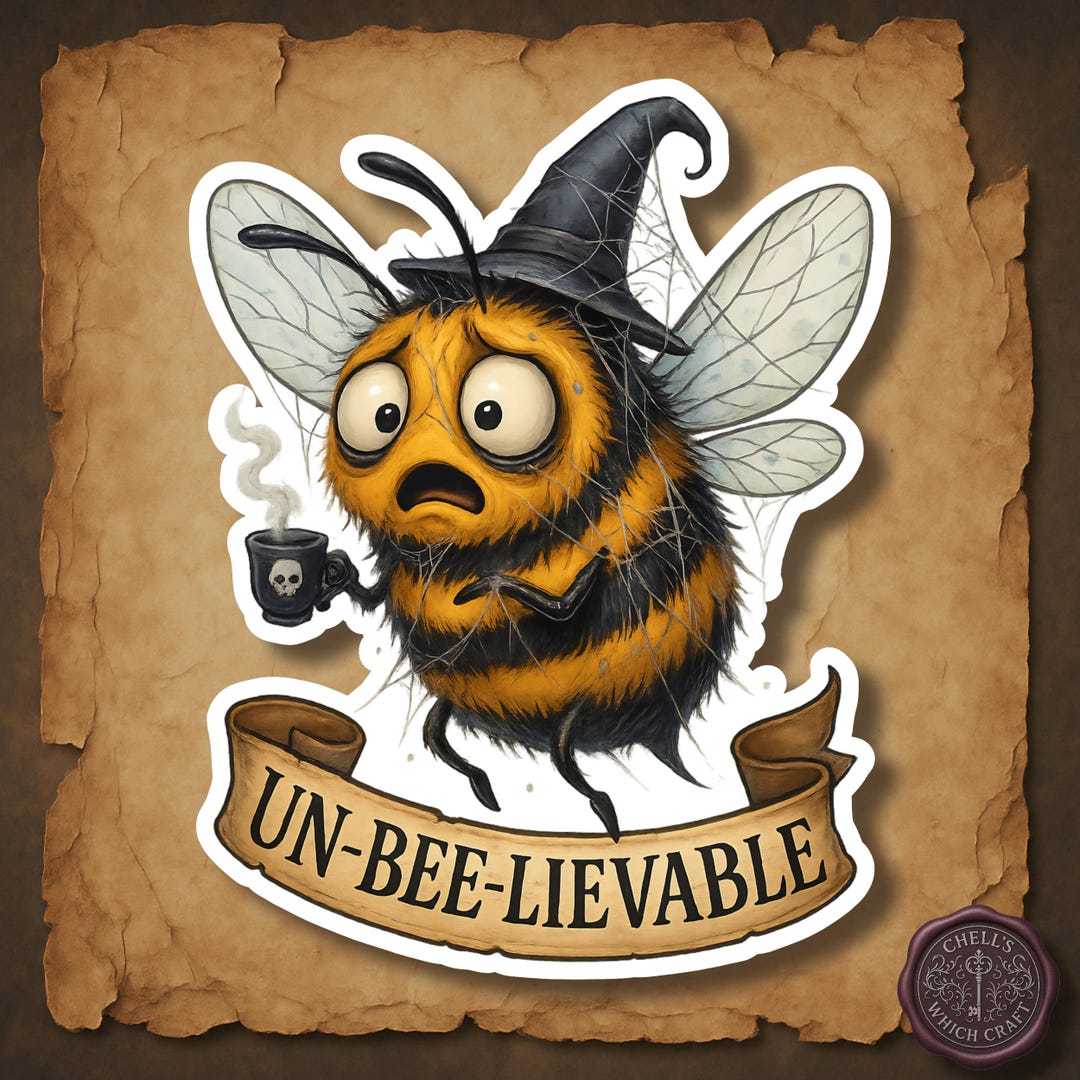 Frazzled Bee Un-bee-lievable Sticker, Funny Witch Bee With Coffee ...