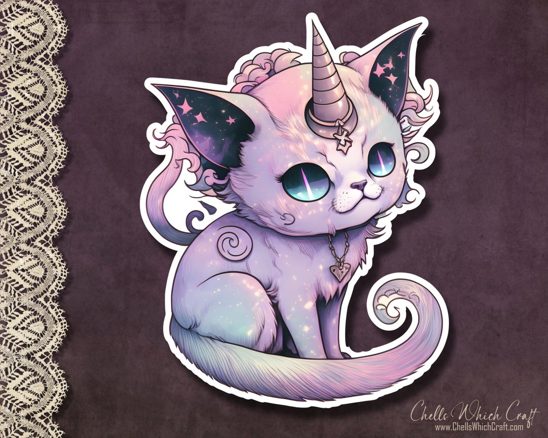 Caticorn Demon Sticker, Glossy Die Cut Sticker, Pastel Goth Demon Cat ...