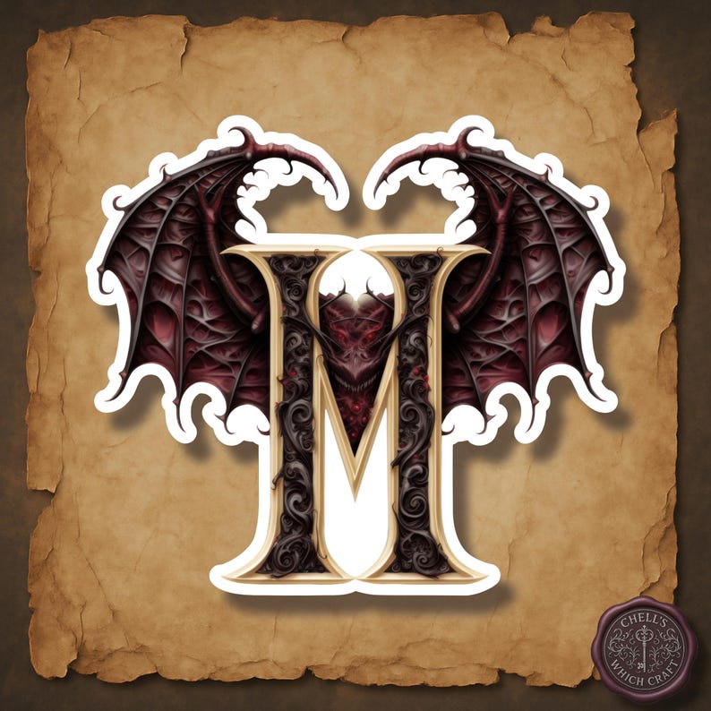 Gothic Initial Sticker, Demonic Letter Decal, Dark Monogram Art, Winged ...