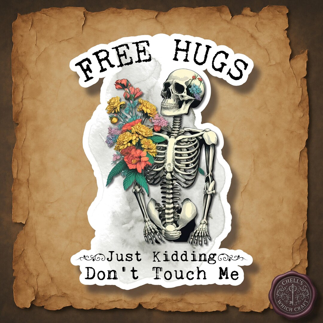 Free Hugs Skeleton Sticker, Floral Skull Decal, Funny Gothic Sticker ...