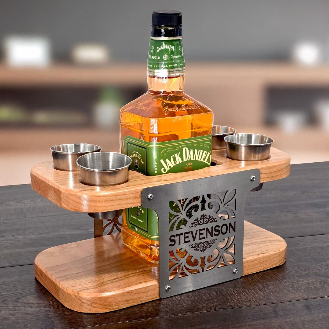 Personalized Whiskey or Tequila Bottle & Shot Glass Stand - Etsy