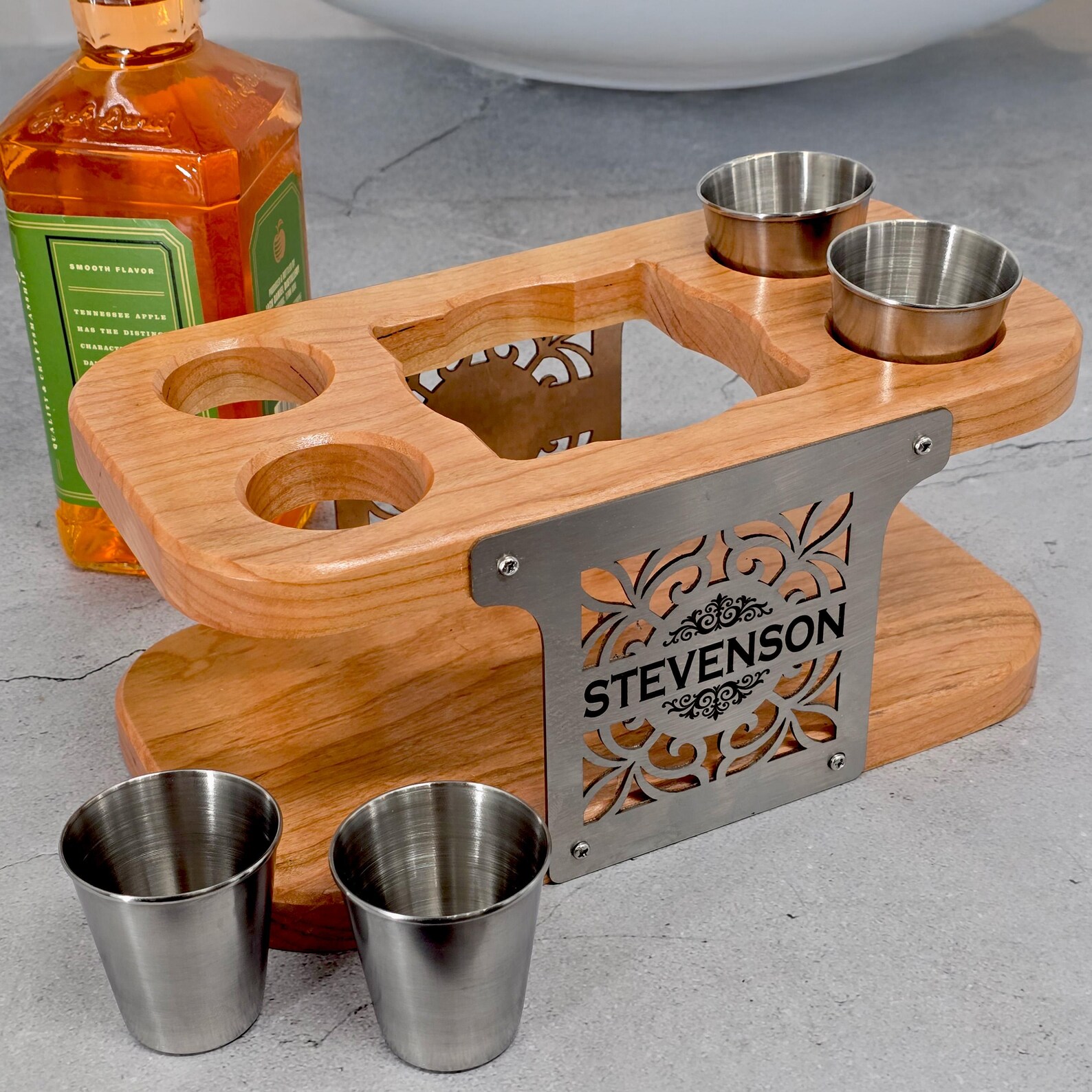 Personalized Whiskey or Tequila Bottle & Shot Glass Stand - Etsy