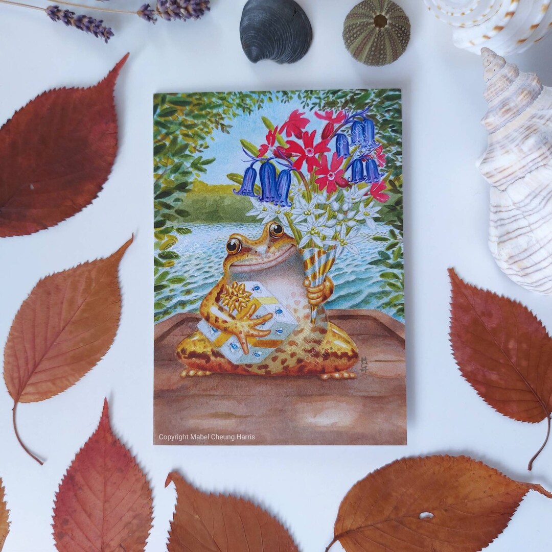 Greetings Card X3: Frog With Flowers and Snack Gift - Etsy