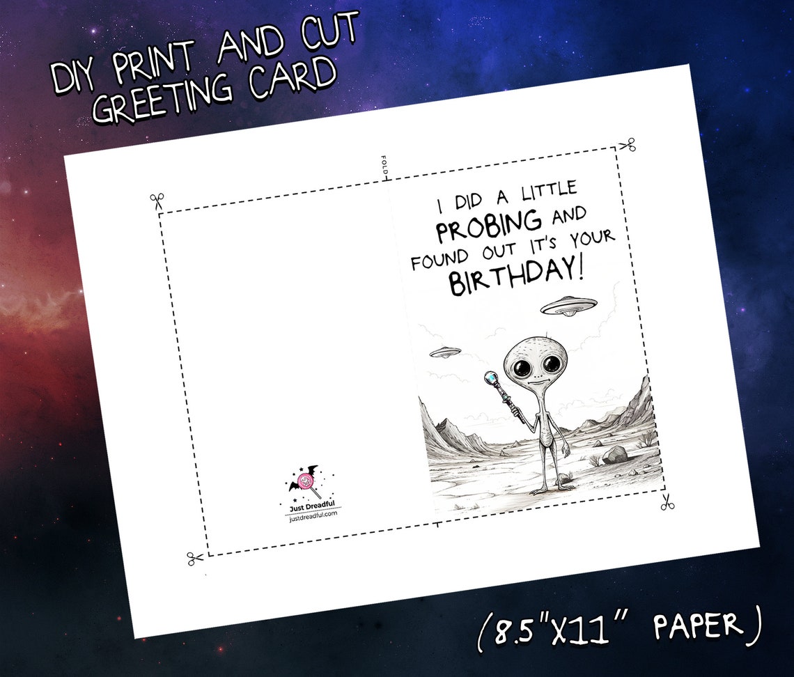 Alien Birthday Card | DIY Print and Cut at Home Gift | Funny UFO Grays ...