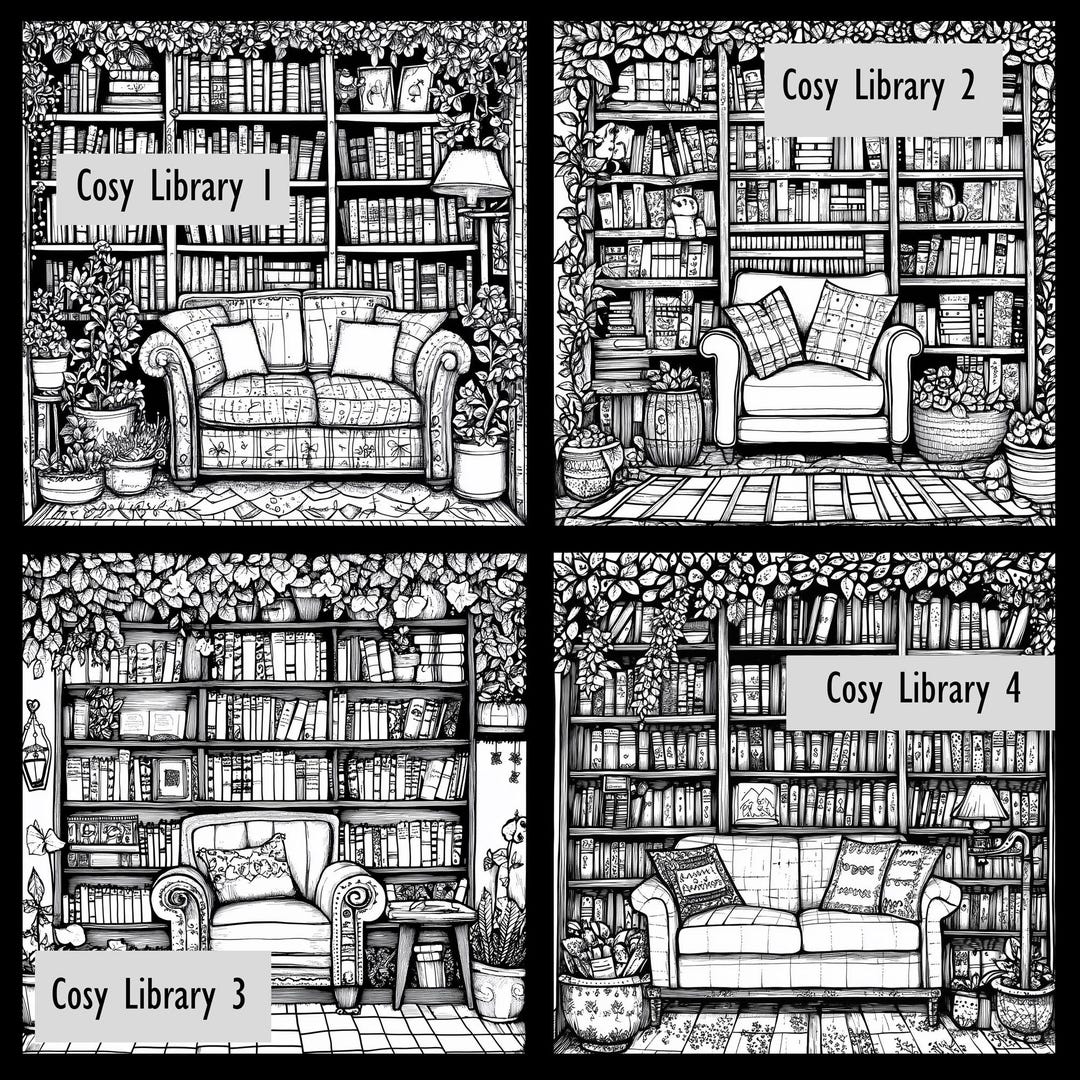 Cosy Library Zentangle Coloring Pages: Relaxing Craft (downloadable PNG ...