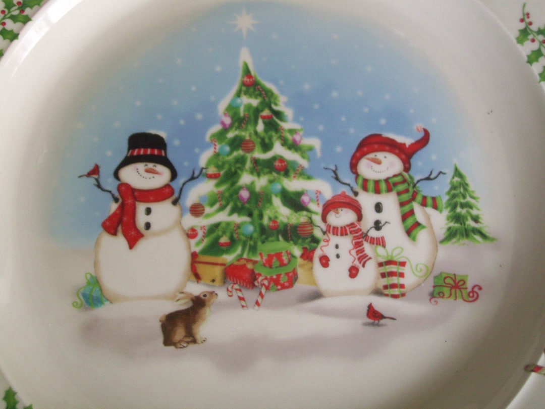 Four Vintage Snowman Family With Tree Dinner Plates 10.5, Snowmen ...