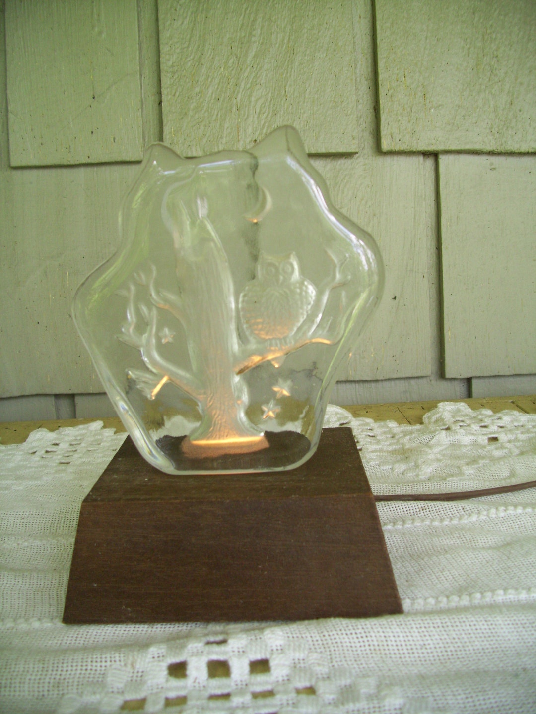Vintage Glass Owl in Tree Night Accent Light on Wooden Base, Autumn ...