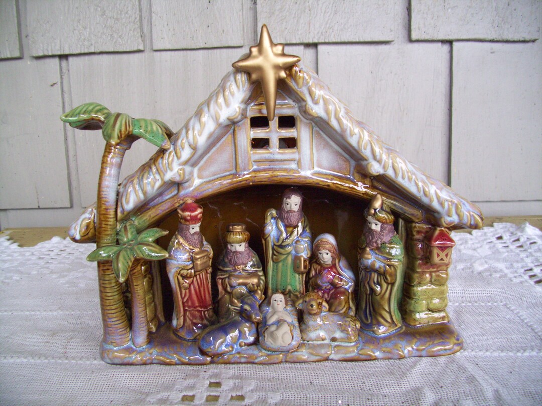 Vintage Pottery Lighted Nativity Scene, Christmas Religious, Pottery ...