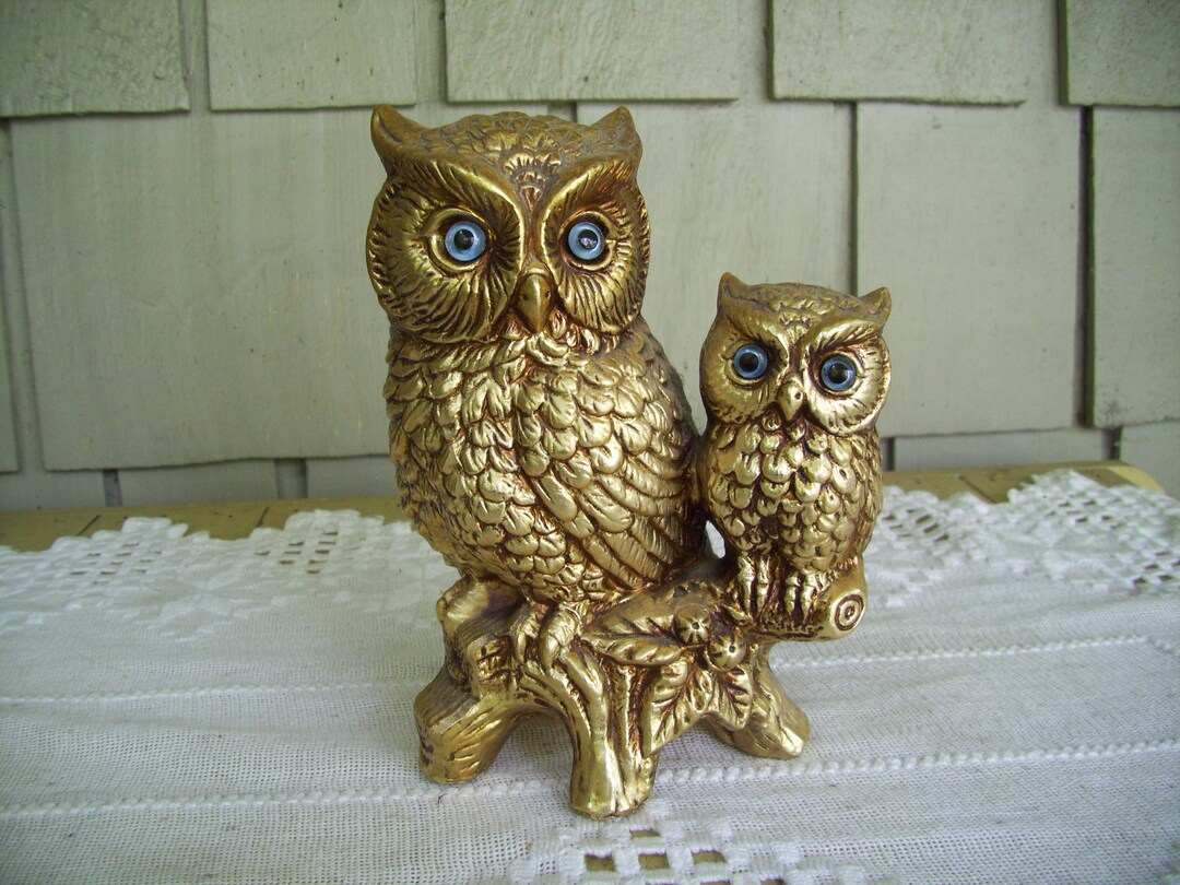 Vintage Gold Ceramic Owls With Blue Eyes, Owl and Baby on Log, Made in ...