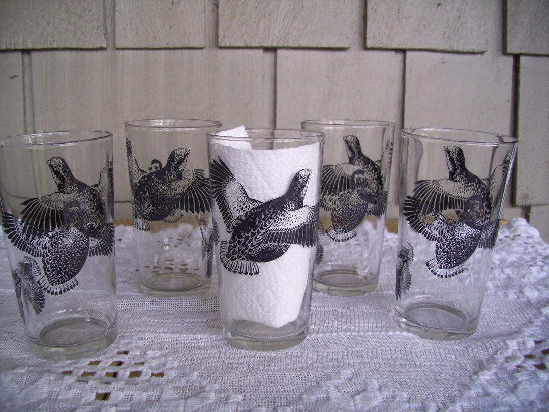 Five Vintage Glass Tumblers With Flying Birds Geese, Mid- Century ...