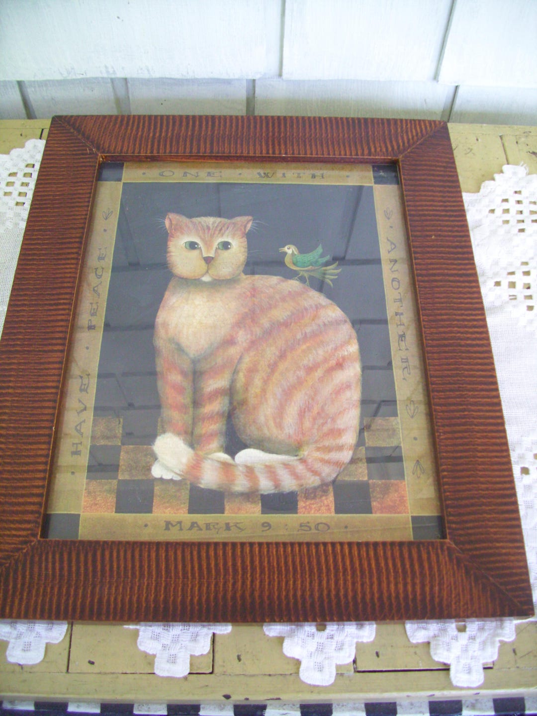 Vintage Folk Art Tabby Cat With Bird Picture, have Peace One With ...
