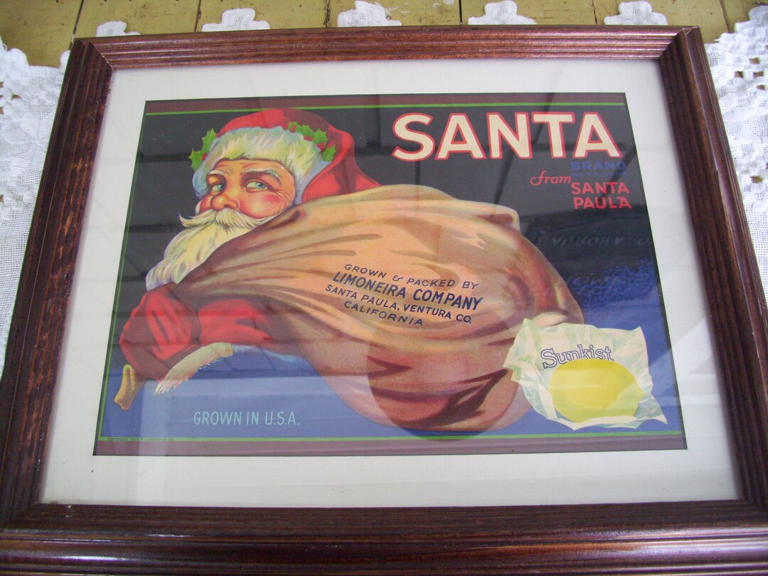 Vintage Framed Santa Claus Picture, Sunkist Lemon Christmas Crate Label ...
