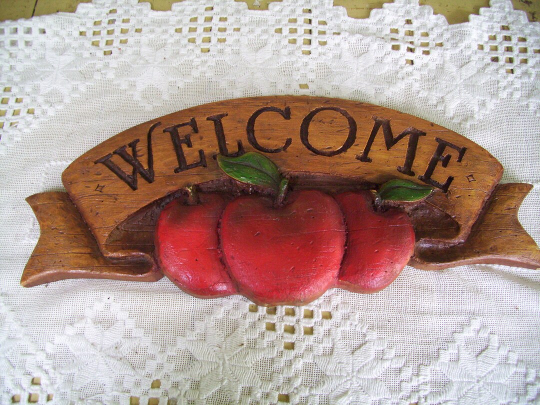 Vintage Wood Resin Welcome Sign/ Plaque With Apples, Artist Al Pisano ...