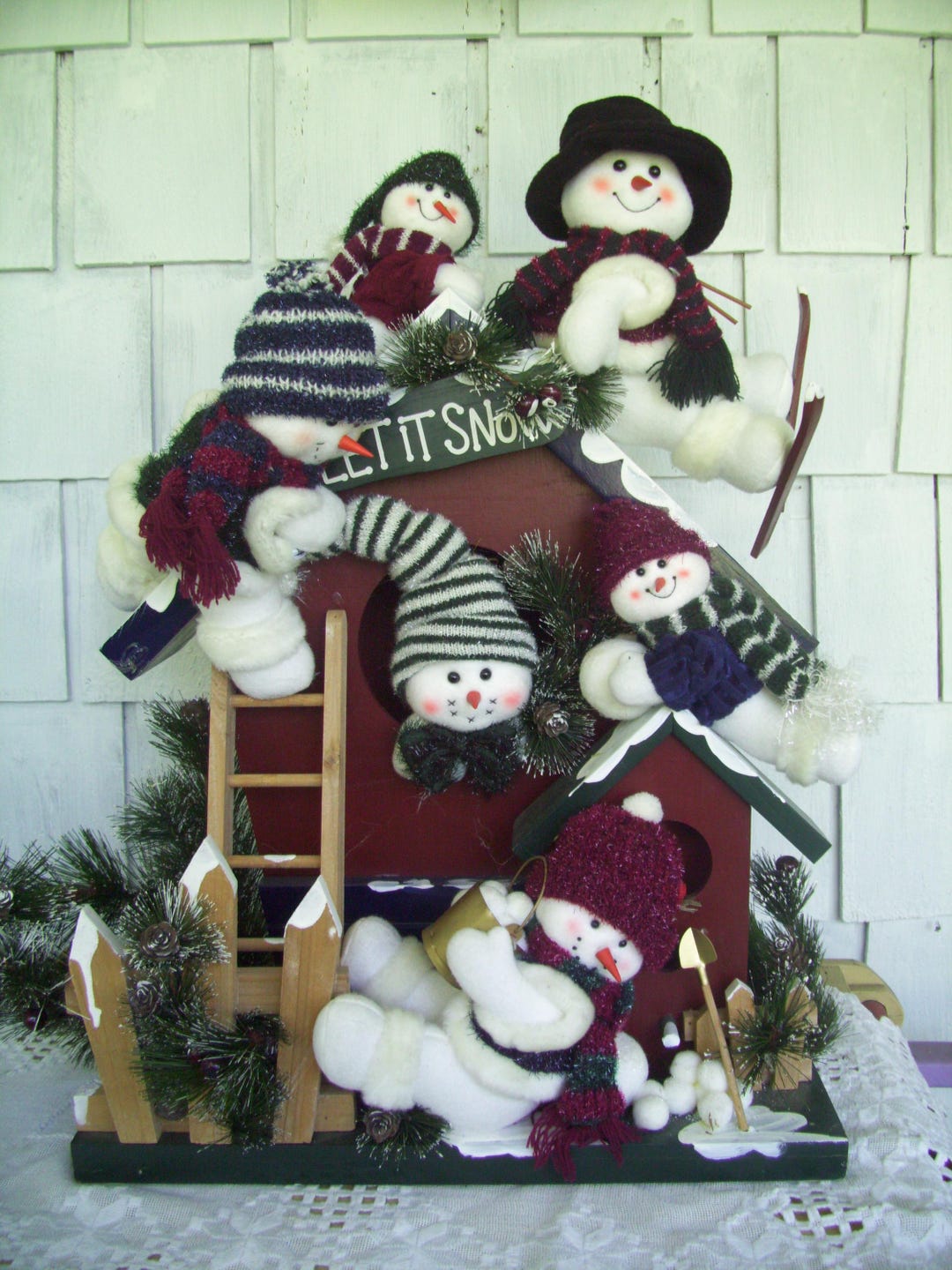 Vtg Large Wooden Snowman House 26" " Let It Snow" With Five Snowmen and ...