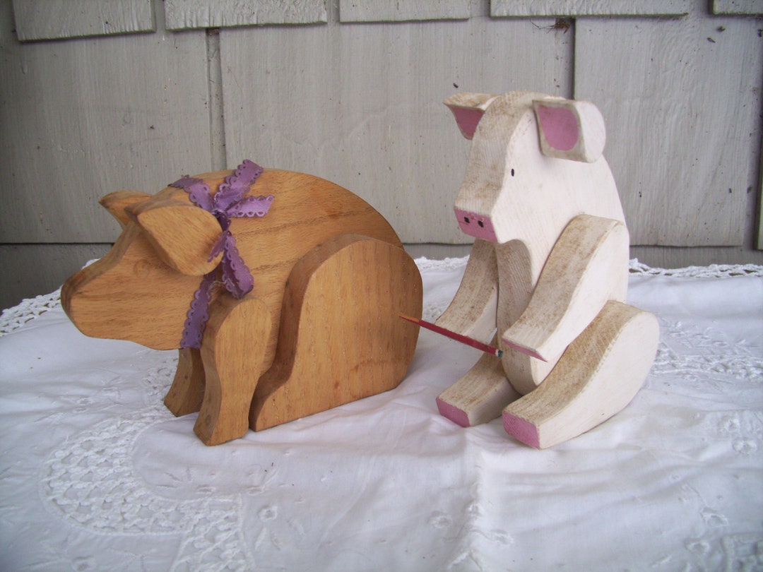 Two Vintage Wooden Pigs, Sitting Pig With Watermelon, Hand Made Wooden ...