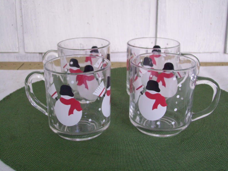 Four Vintage Glass Snowmen Mugs, Holiday Coffee Tea Mugs, Made by ...