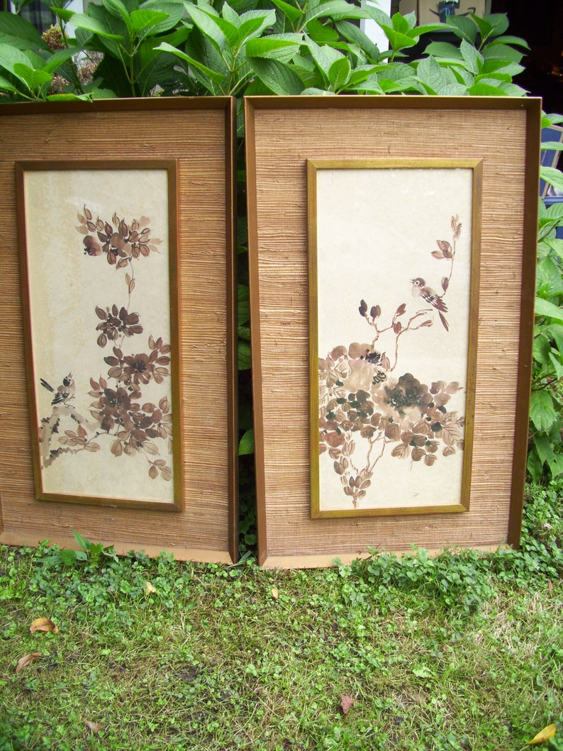 Pair of Large Mid-century Asian Sparrow Pictures Asian Wall - Etsy