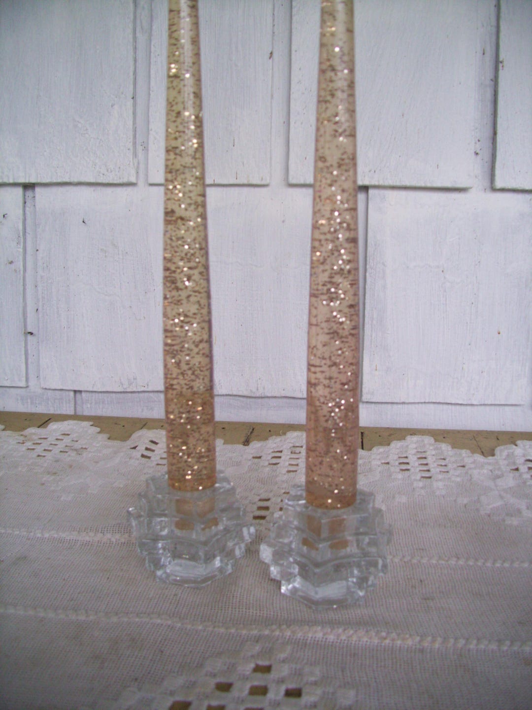 Pair of Lucite Gold Speckled Taper Candles 13 With Glass Cubist Candle ...