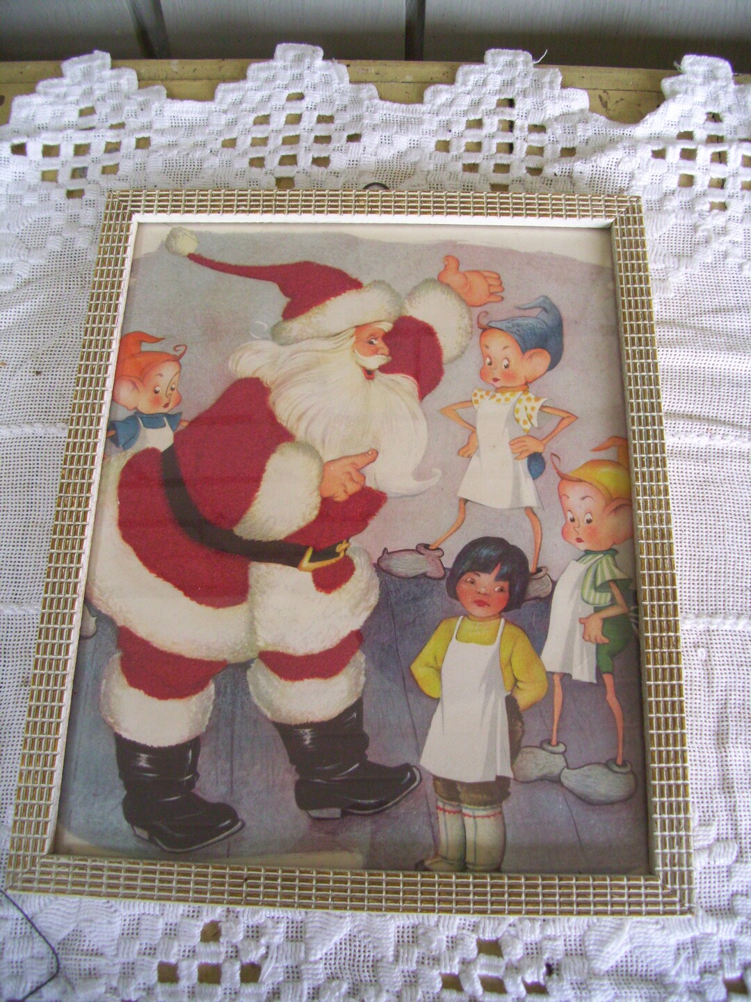 Vintage 1950's Flocked Santa Picture With Pixie Elves, Christmas Wall ...