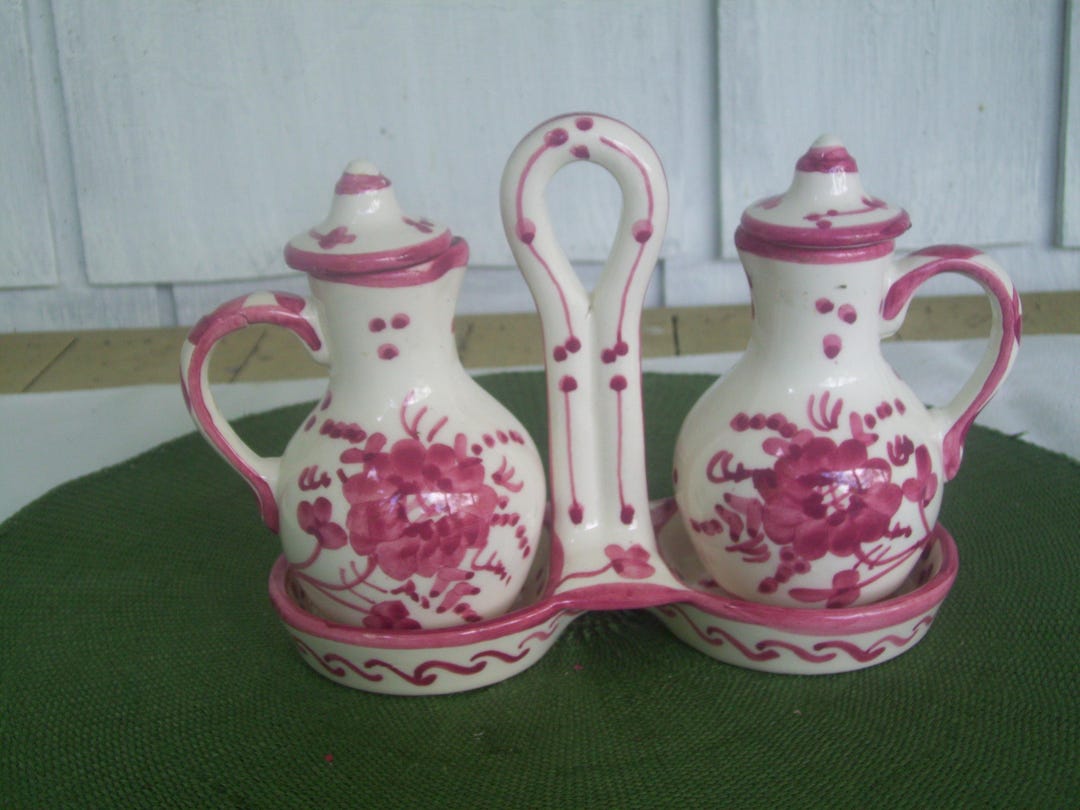 Vintage Hand Painted Ceramic Cruet Set With Handled Caddy, Oil and ...
