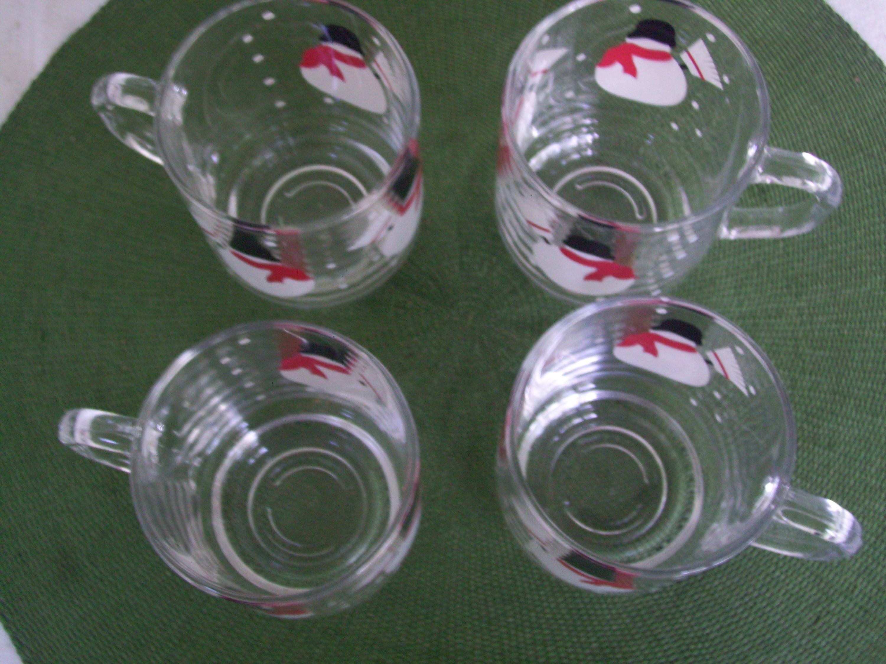 Four Vintage Glass Snowmen Mugs, Holiday Coffee Tea Mugs, Made by ...