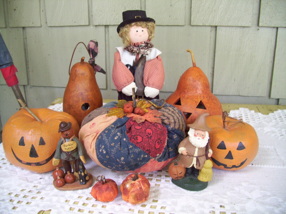 Vintage Fall Decor Grouping With Gourds, Pumpkins and Figurines, Autumn ...