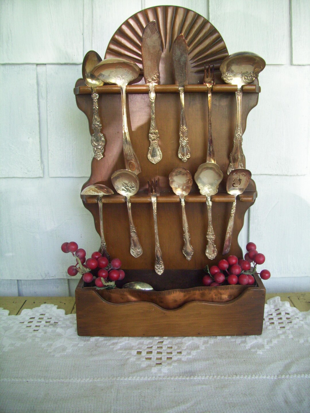 Vintage Wooden Sunburst 12 Slot Spoon Rack With Copper Storage Tray and ...