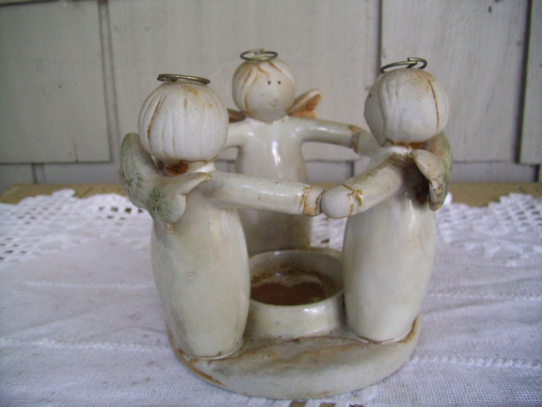 Vintage Stoneware Pottery Circle of Angels Votive Tea Lite Candleholder ...