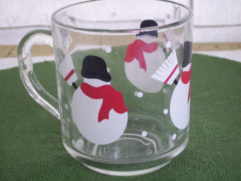 Four Vintage Glass Snowmen Mugs, Holiday Coffee Tea Mugs, Made by ...