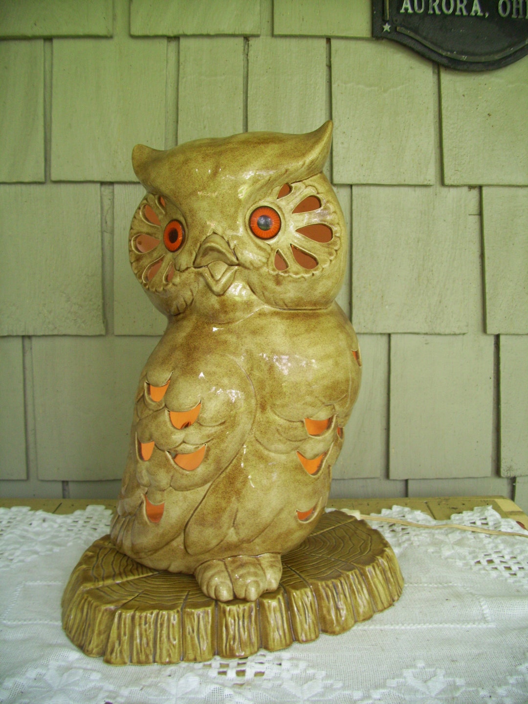 Vintage Large Ceramic Reticulated Owl Accent Lamp 18" With Lighted Base ...