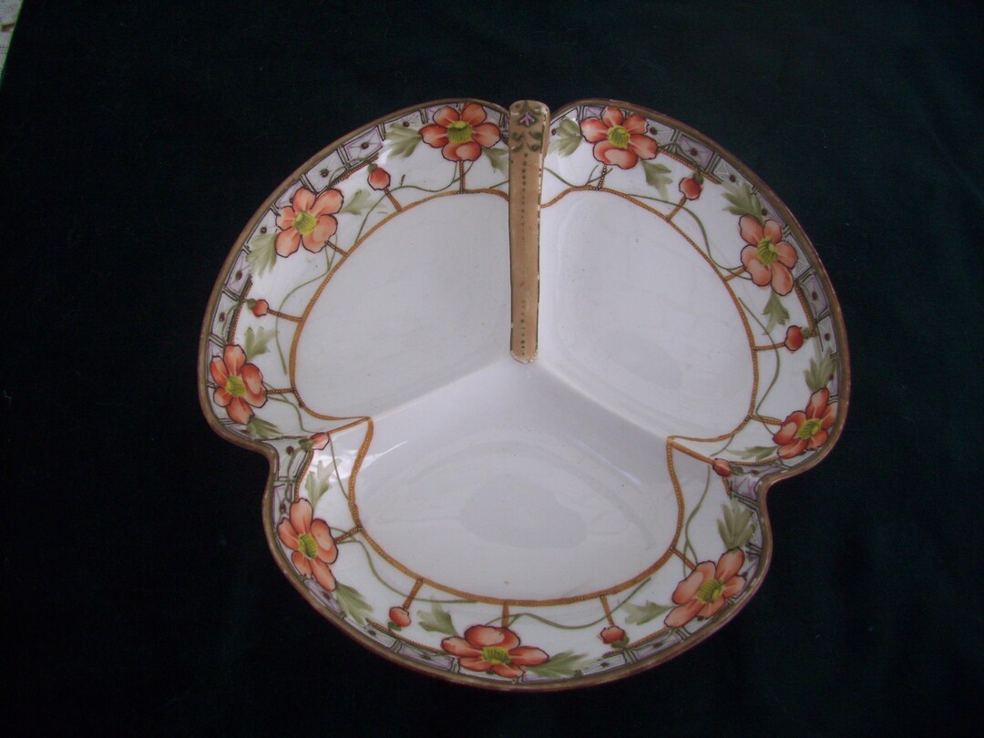 Mid- Century Nippon Porcelain Hand Painted 3 Section Handled Nut Candy ...