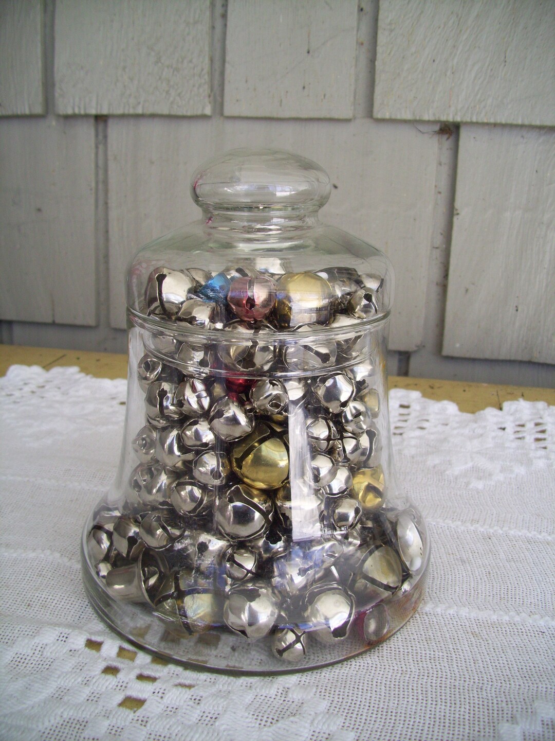 Vintage Clear Glass Bell Candy Jar Filled With Jingle Bells, Christmas ...