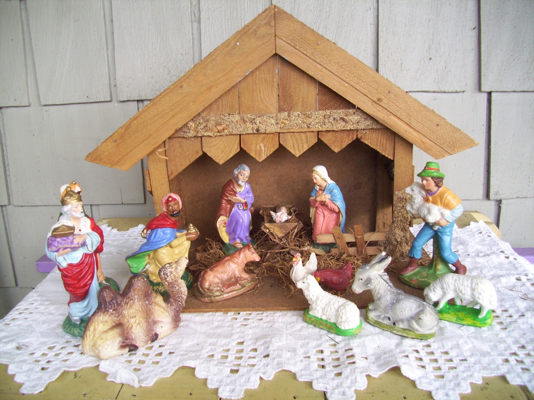 Vintage Wooden Nativity Set With Fourteen Figurines, Mid-century ...