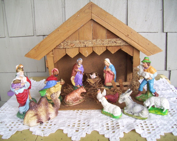 Vintage Wooden Nativity Set With Fourteen Figurines, Mid-century ...