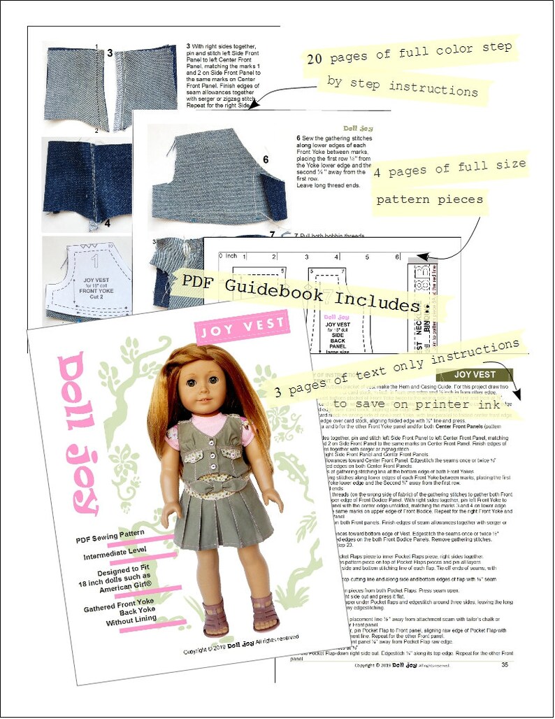 Joy Vest 18 Inch Doll Clothes Pattern Fits Dolls Such as American Girl ...