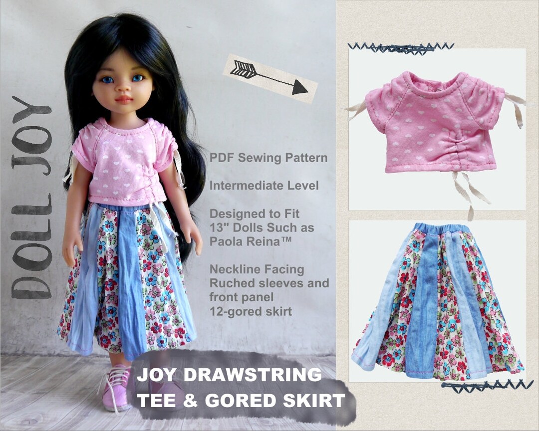 Joy Drawstring Tee & Gored Skirt 13inch Doll Clothes Pattern Fits Paola ...