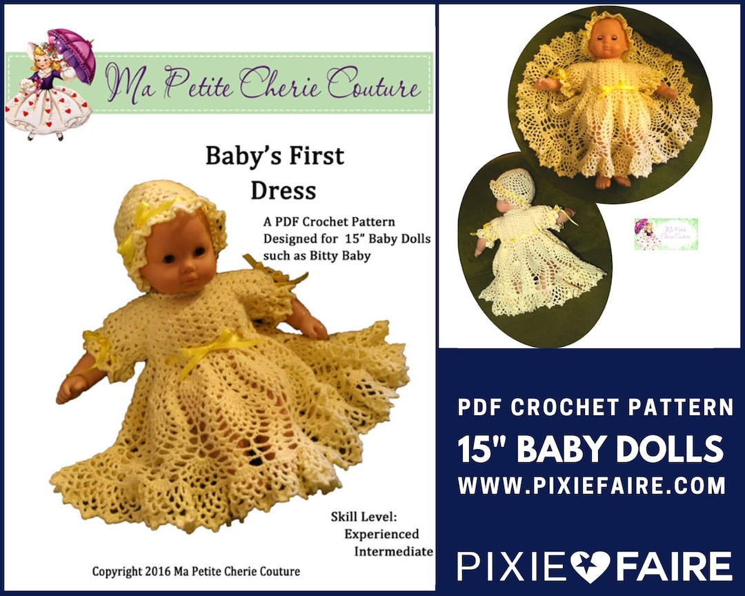 Baby's First Dress 15 Inch Doll Clothes Crochet Pattern Fits Baby Dolls ...