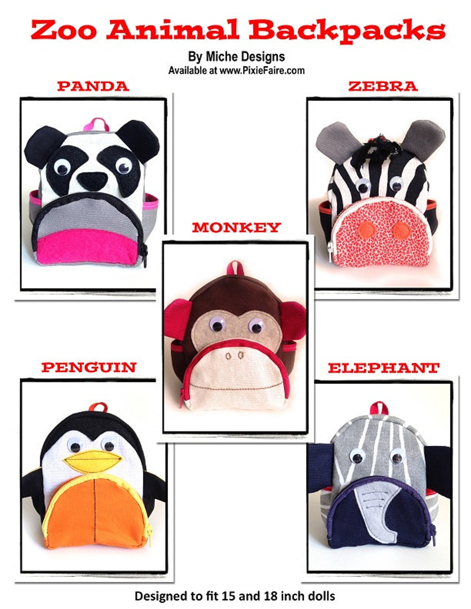 Zoo Animal Backpacks 15-18 Inch Doll Clothes Accessory Pattern Fits ...