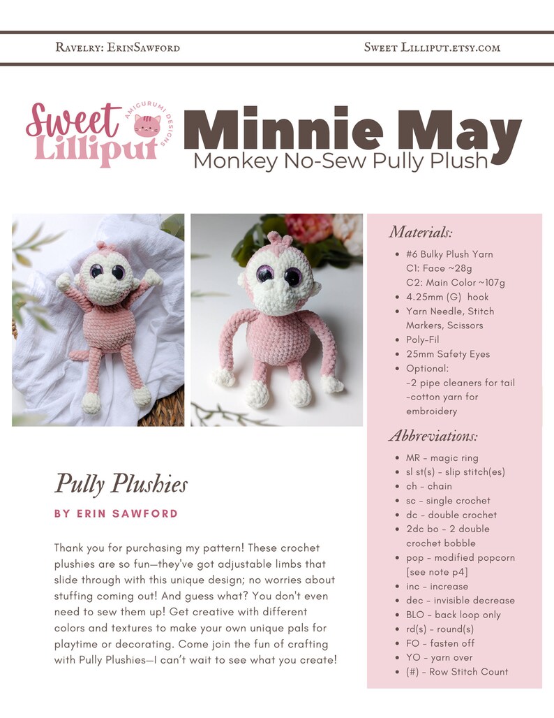 Minnie May Amigurumi Monkey Pully Plush No-sew Crochet Pattern PDF - Etsy