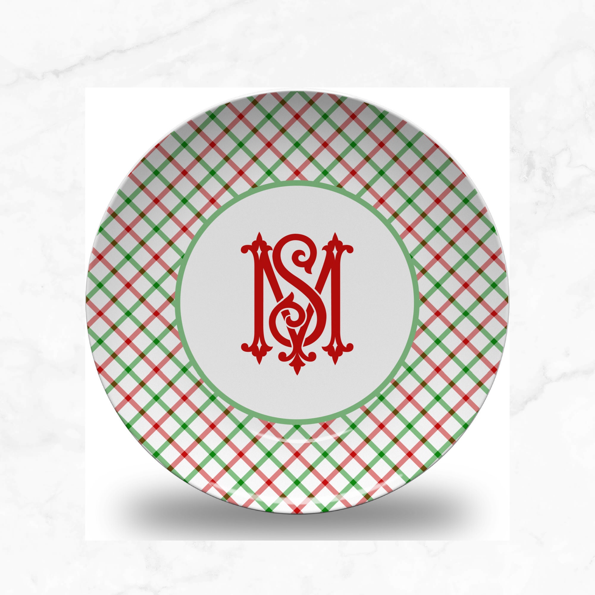 Monogrammed Red and Green Checked Christmas Dinner Plate - Etsy