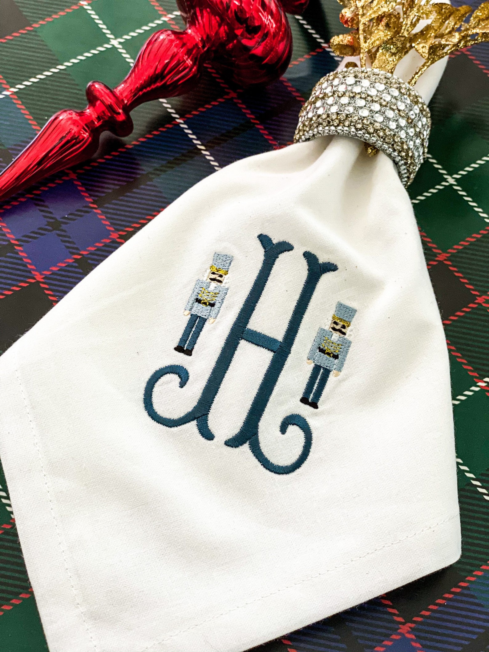 Set of Six Monogrammed Christmas Nutcracker Cloth Napkins - Gold - Blue ...