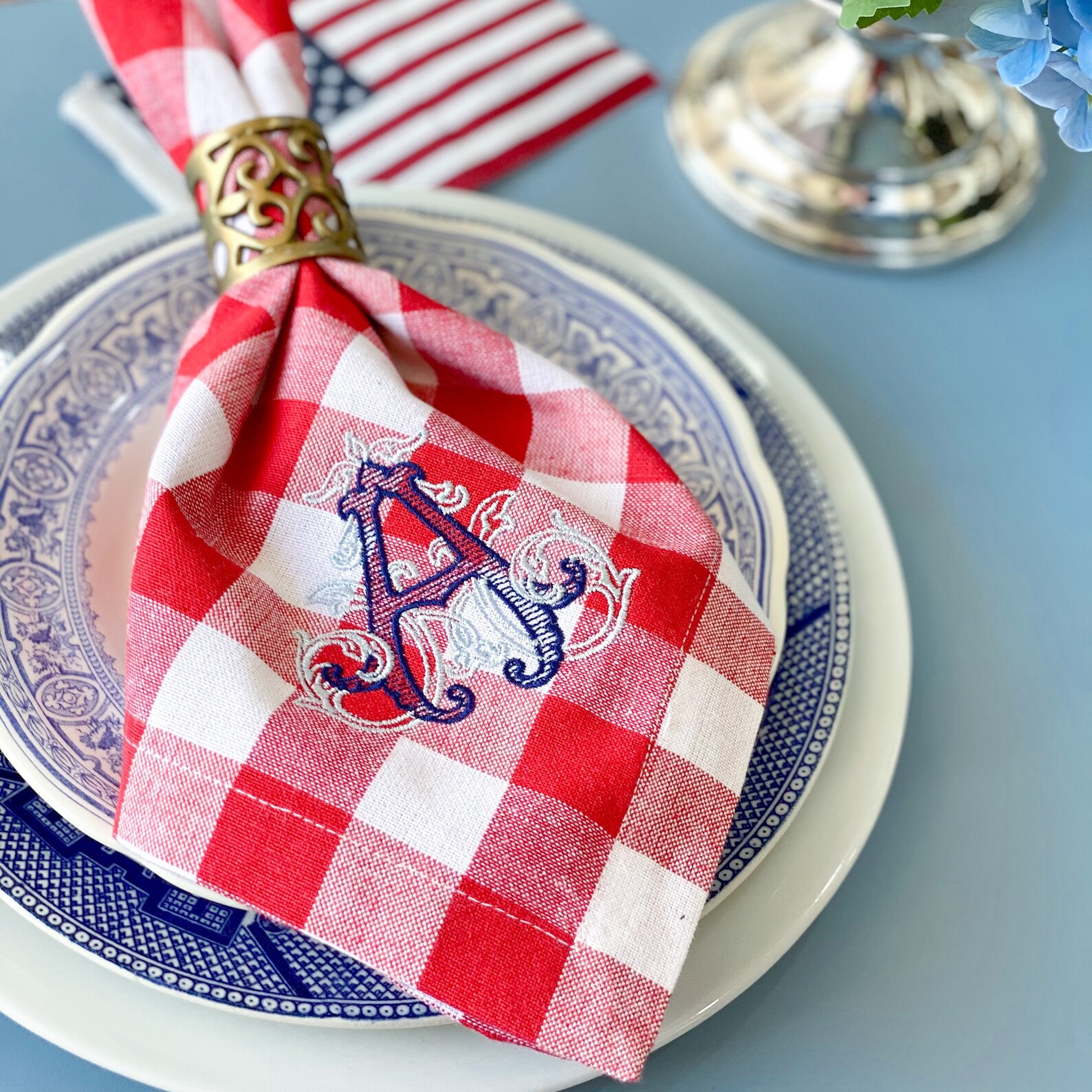 Patriotic Monogrammed Buffalo Plaid / Gingham Dinner Napkins | Etsy