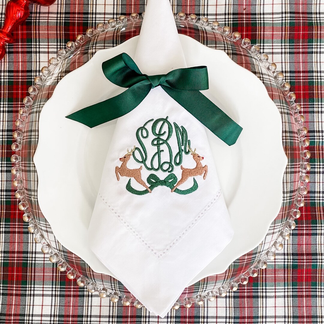 Set of 6 Monogrammed Christmas Reindeer Cloth Napkins - Red - Green ...