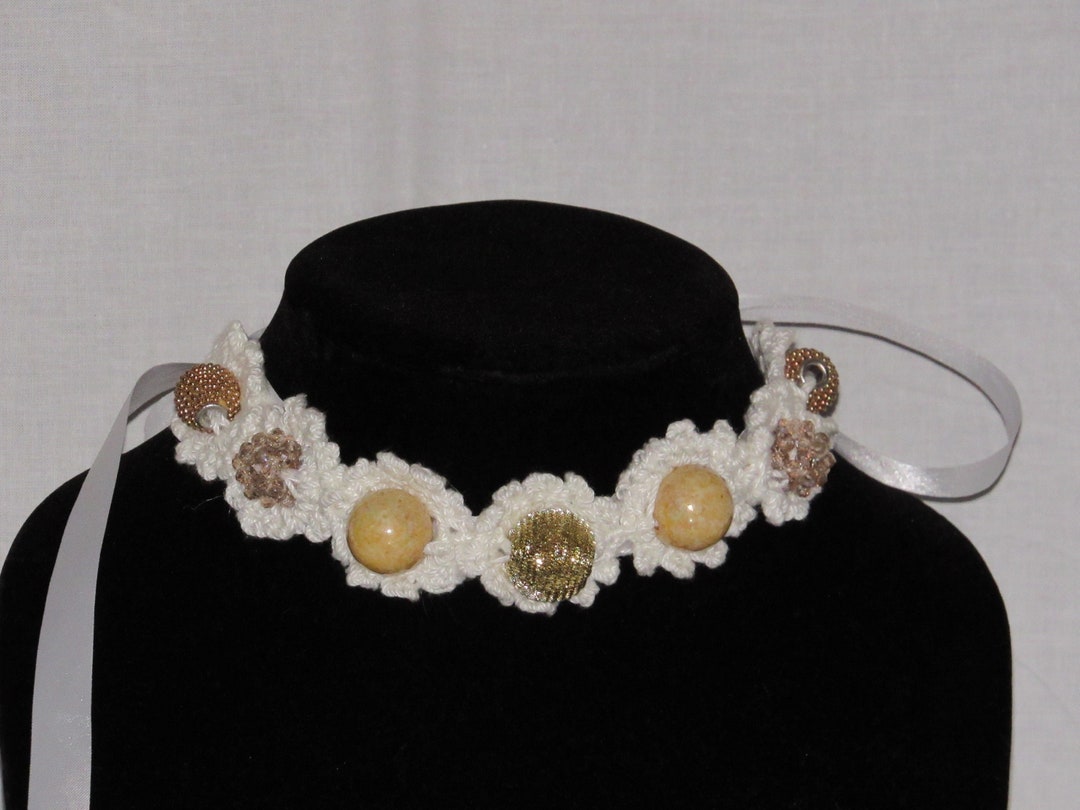Crochet Beaded Lace Choke, Victorian Inspired Floral Necklace With ...