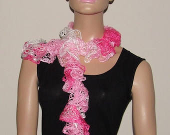 Pink Crochet Ruffled Scarf: Lightweight Lace Neck Shawl, Gift for Her ...