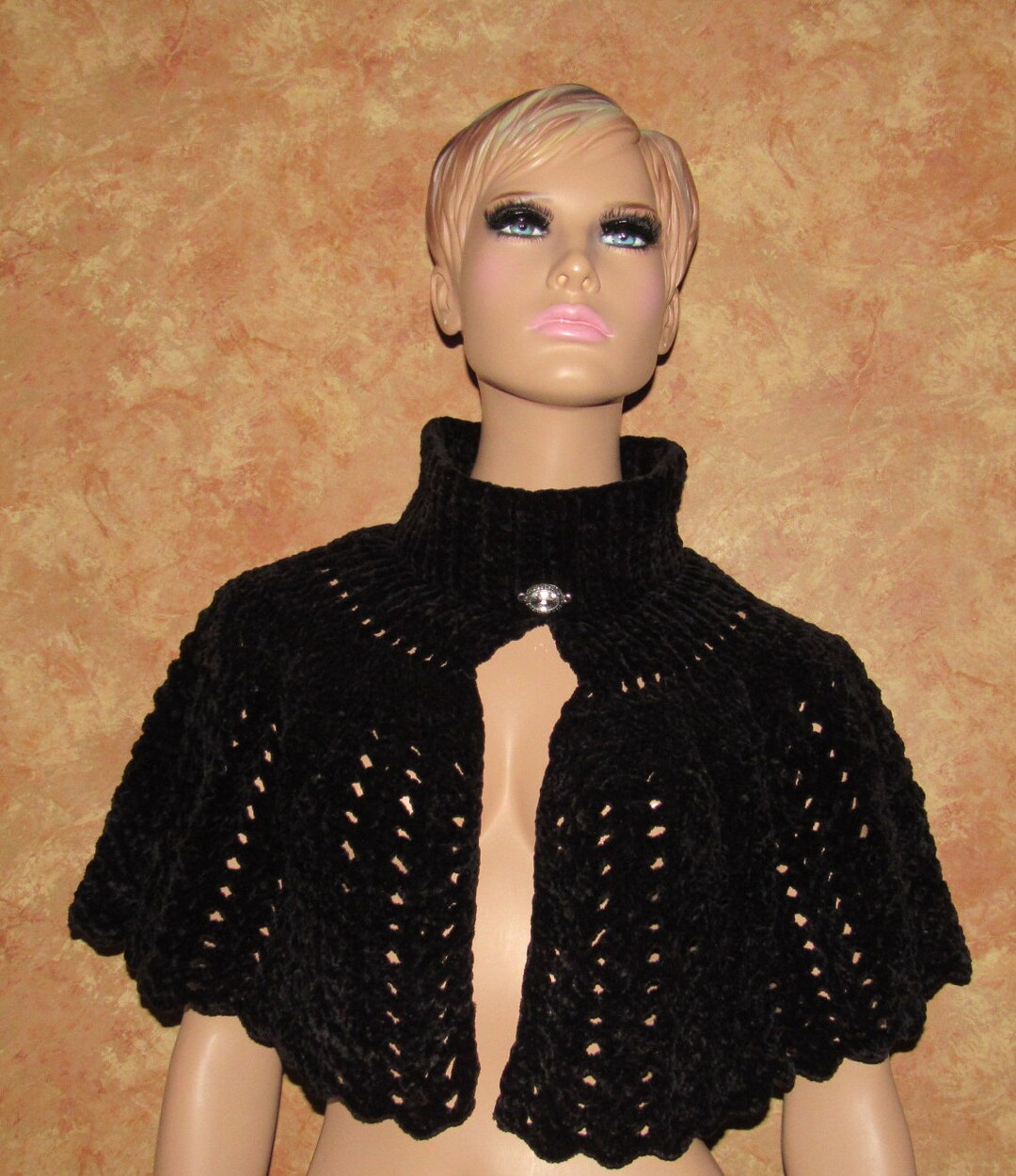 Black Crochet Velvet Capelet: Victorian Gothic Turtleneck Poncho ...