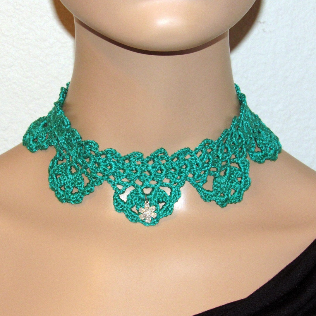 Crochet Emerald Green Choker Necklace, Victorian Inspired Lace Collar ...